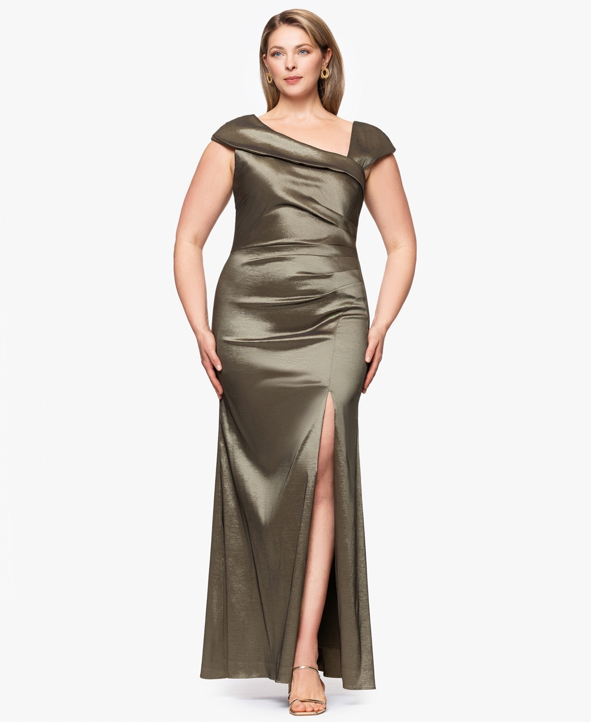 Click here for Xscape Plus Size Asymmetrical-Neckline Long Sheath... prices