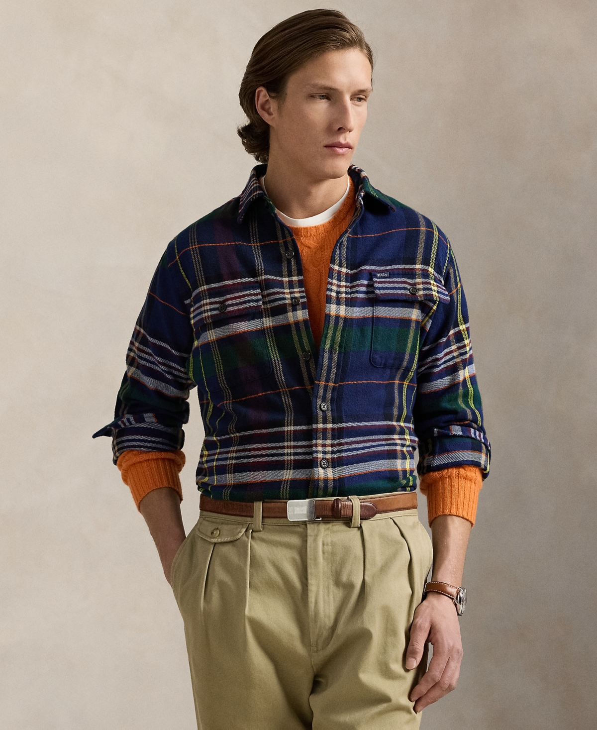 Polo Ralph Lauren Mens Classic Plaid Brushed Flannel Workshirt - Navy Wine Multi