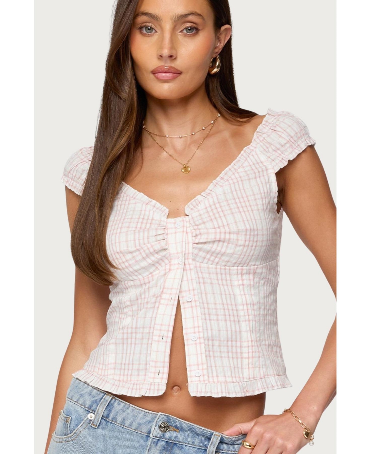 Click here for Edikted Womens Dolsy Plaid Button Up Top - Pink prices