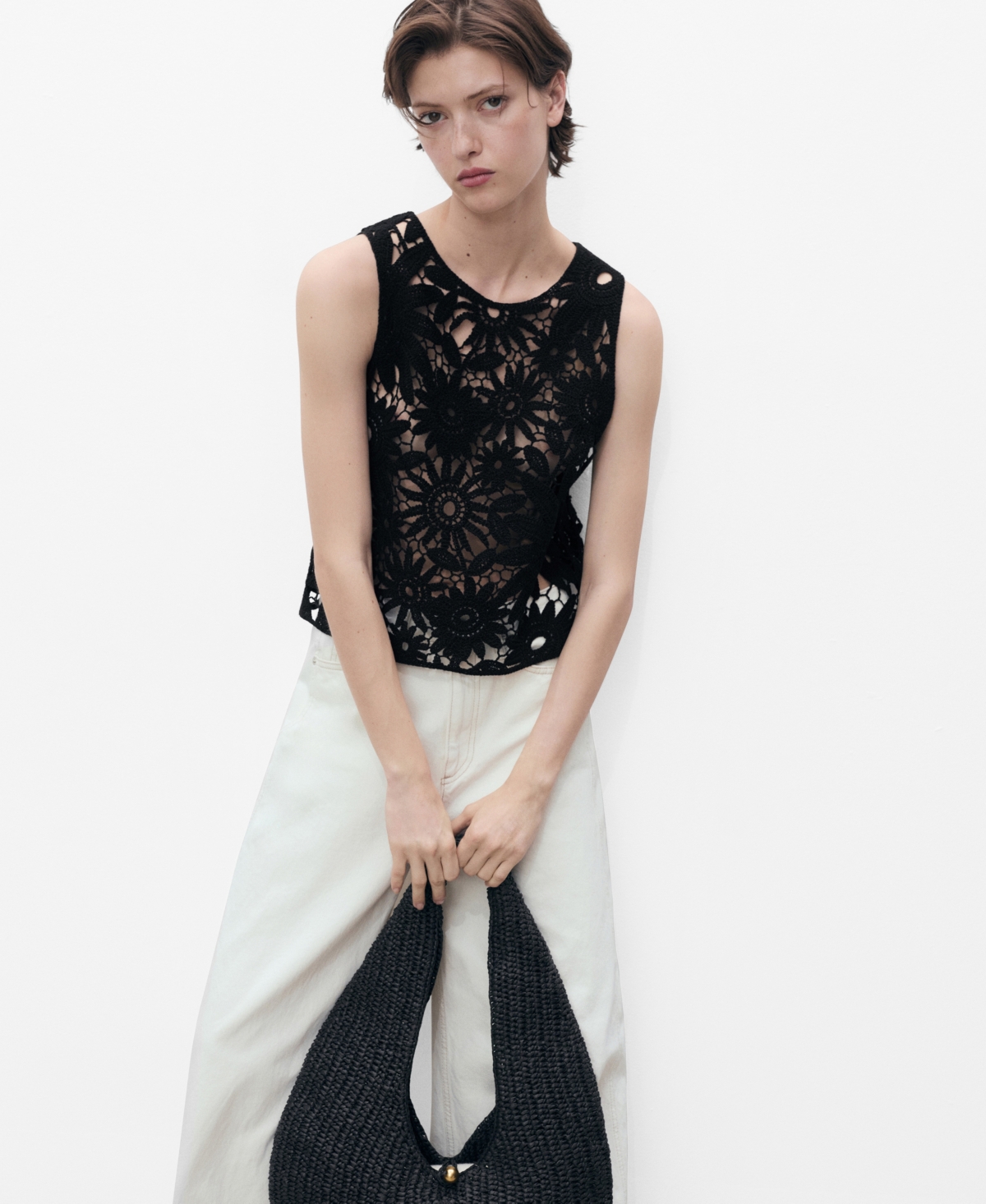 Click here for Mango Womens Crochet Knitted Top - Black prices