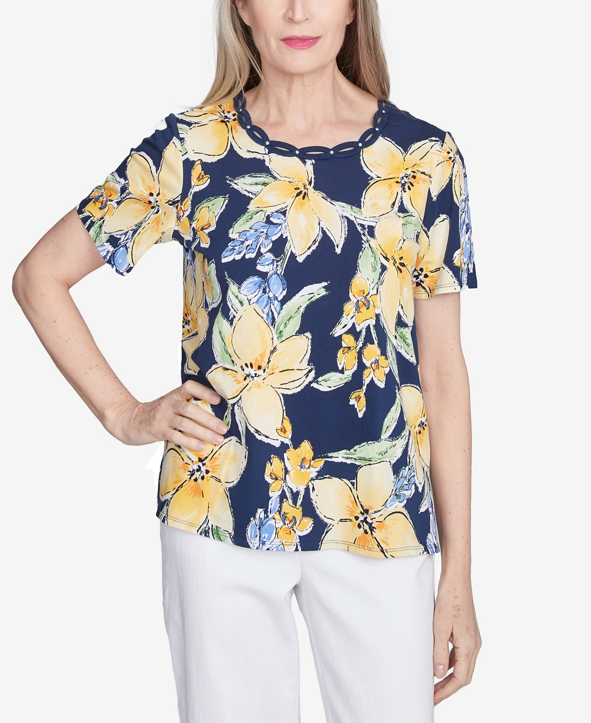 Click here for Alfred Dunner Petite Navy Floral Braided Crew Neck... prices