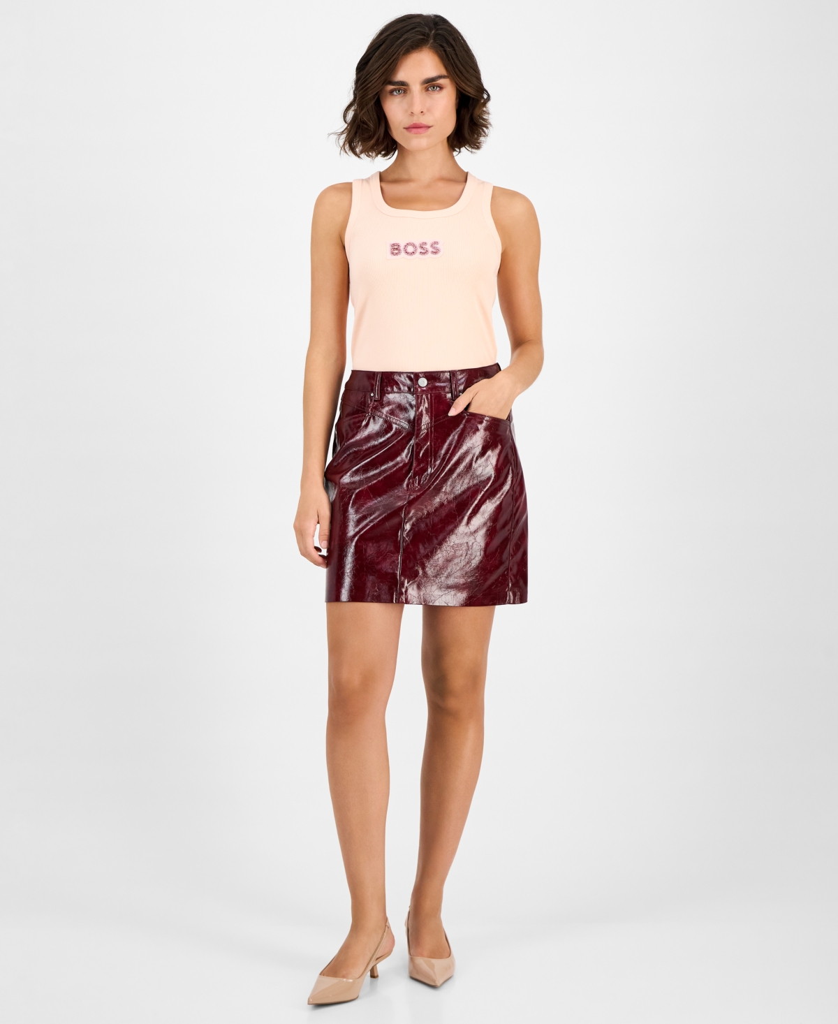 Click here for Boss Orange Womens Patent Faux-Leather Mini Skirt... prices