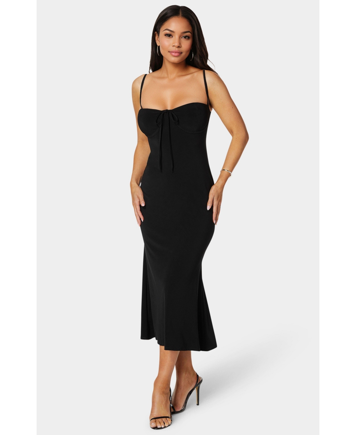 Click here for Bebe Womens Bow Front Bustier Knit Slip Midi Dress... prices