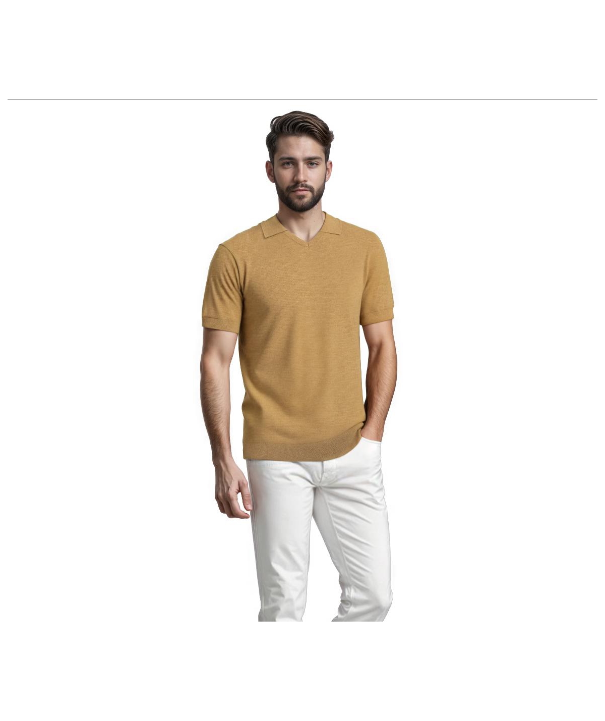 Click here for Scott Barber Vee Neck Knit Polo  Denim - Walnut prices