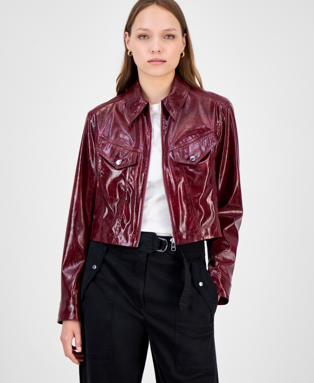 Click here for Boss Orange Womens Faux-Leather Cropped Jacket - D... prices