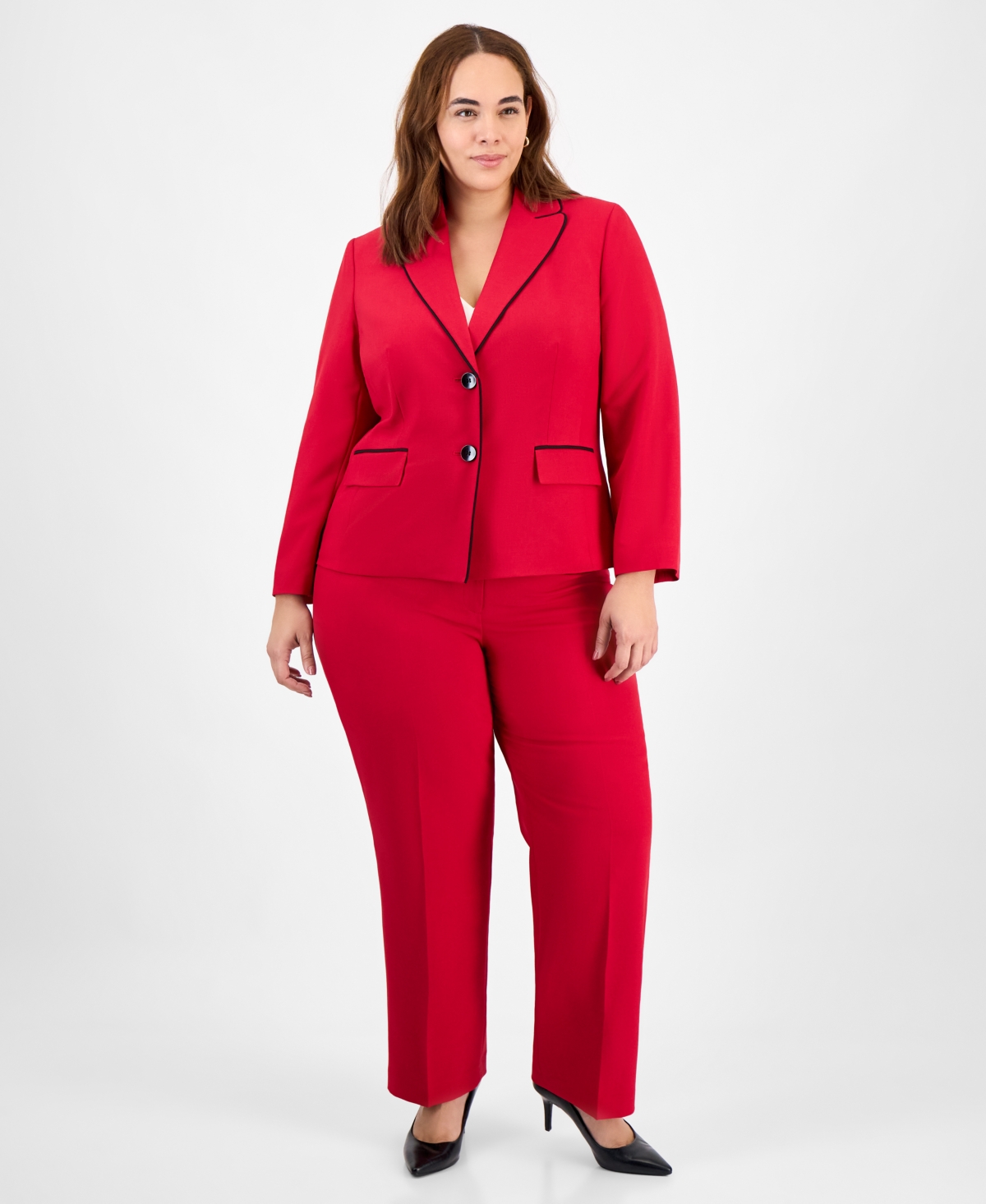 Le Suit Plus Size Piping-Trim Peak-Lapel Pantsuit Set - Cherry/black