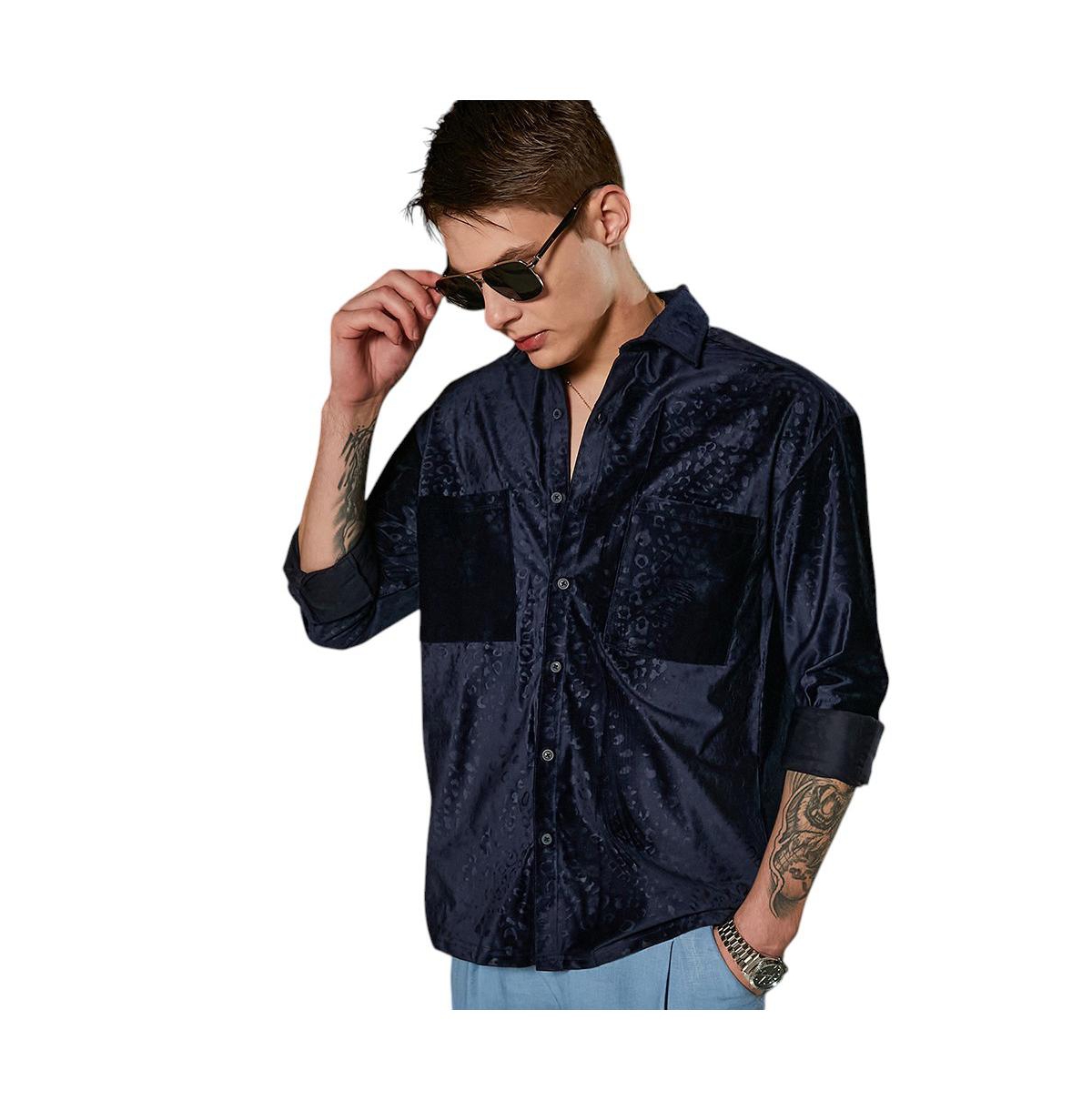 Click here for Campus Sutra Mens Navy Blue Cheetah Velvet Oversiz... prices