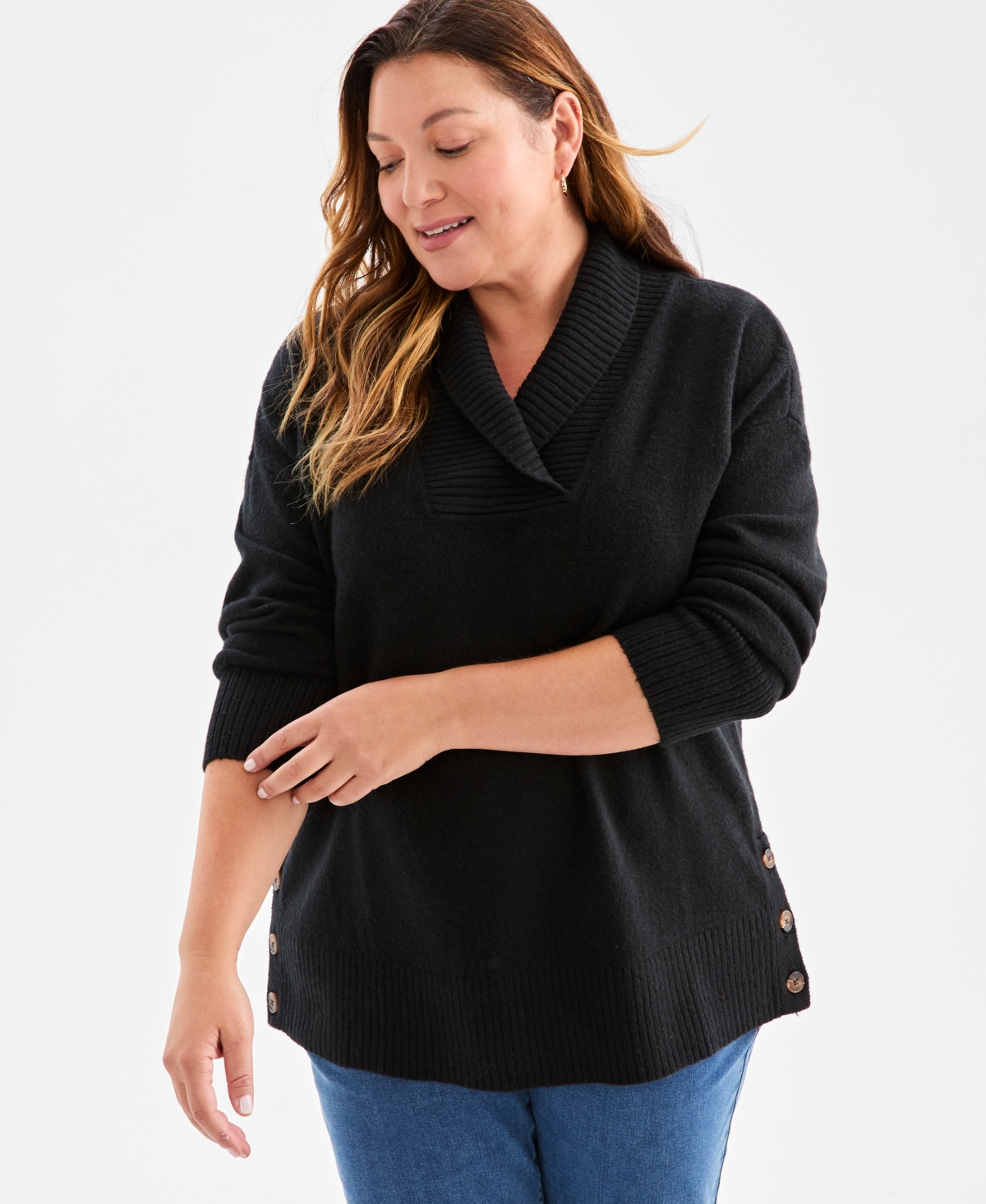 Style & Co Plus Size Solid Shawl-Collar Tunic Sweater  Macys Exclusive - Deep Black