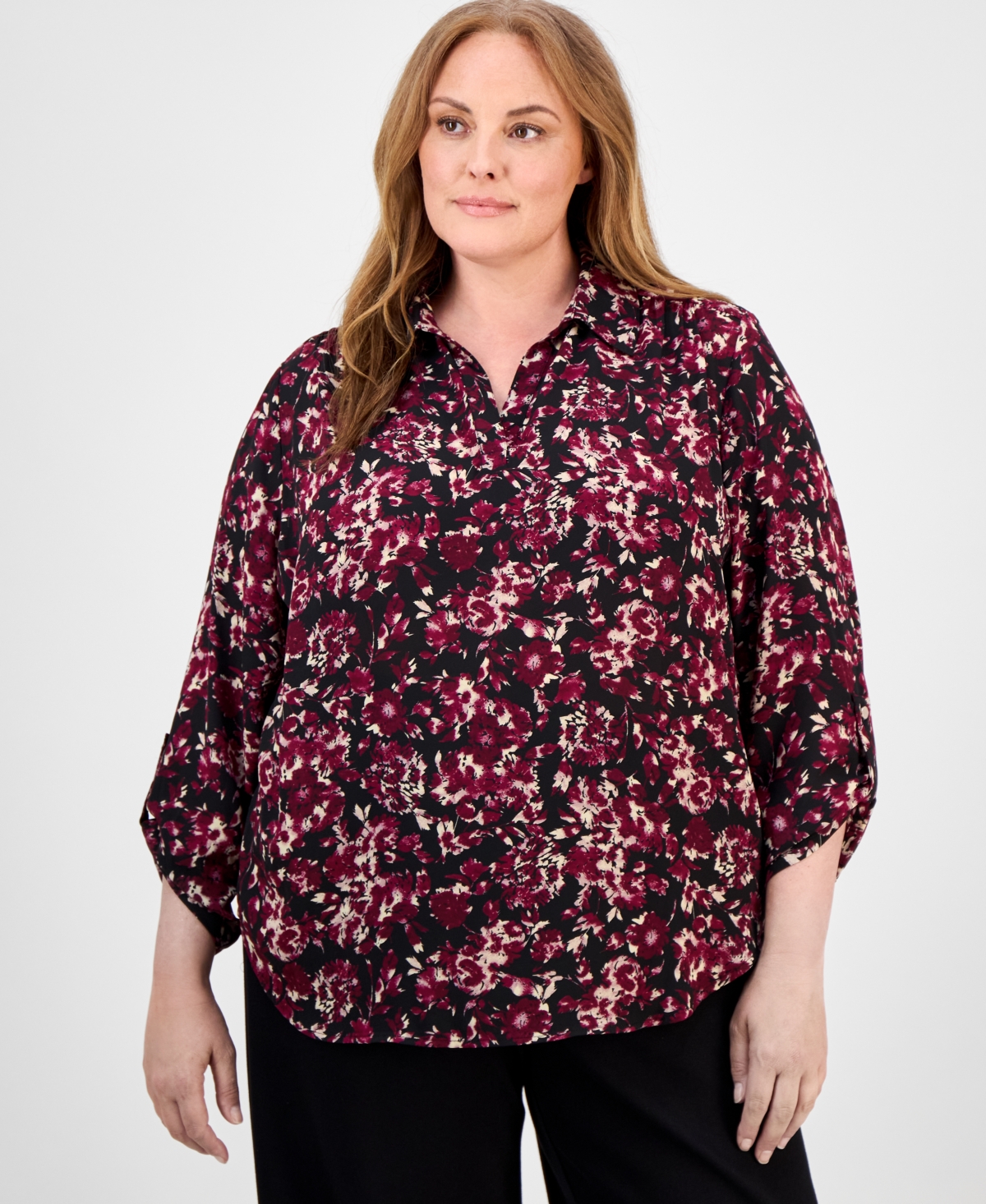 Click here for Ak Anne Klein Plus Size Floral-Print 3/4-Sleeve To... prices