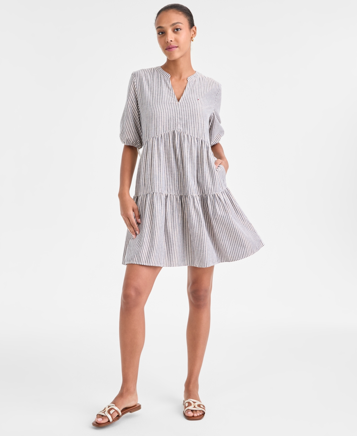 Click here for Tommy Hilfiger Womens Shine Striped V-Neck Tiered... prices