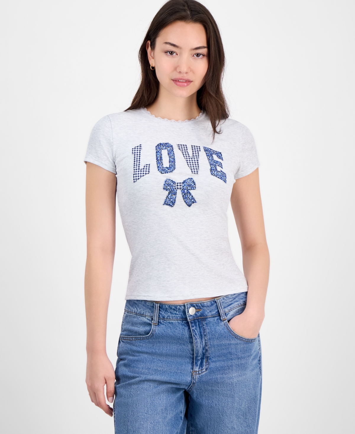 Click here for Just Polly Juniors Applique Picot-Trim T-Shirt - L... prices