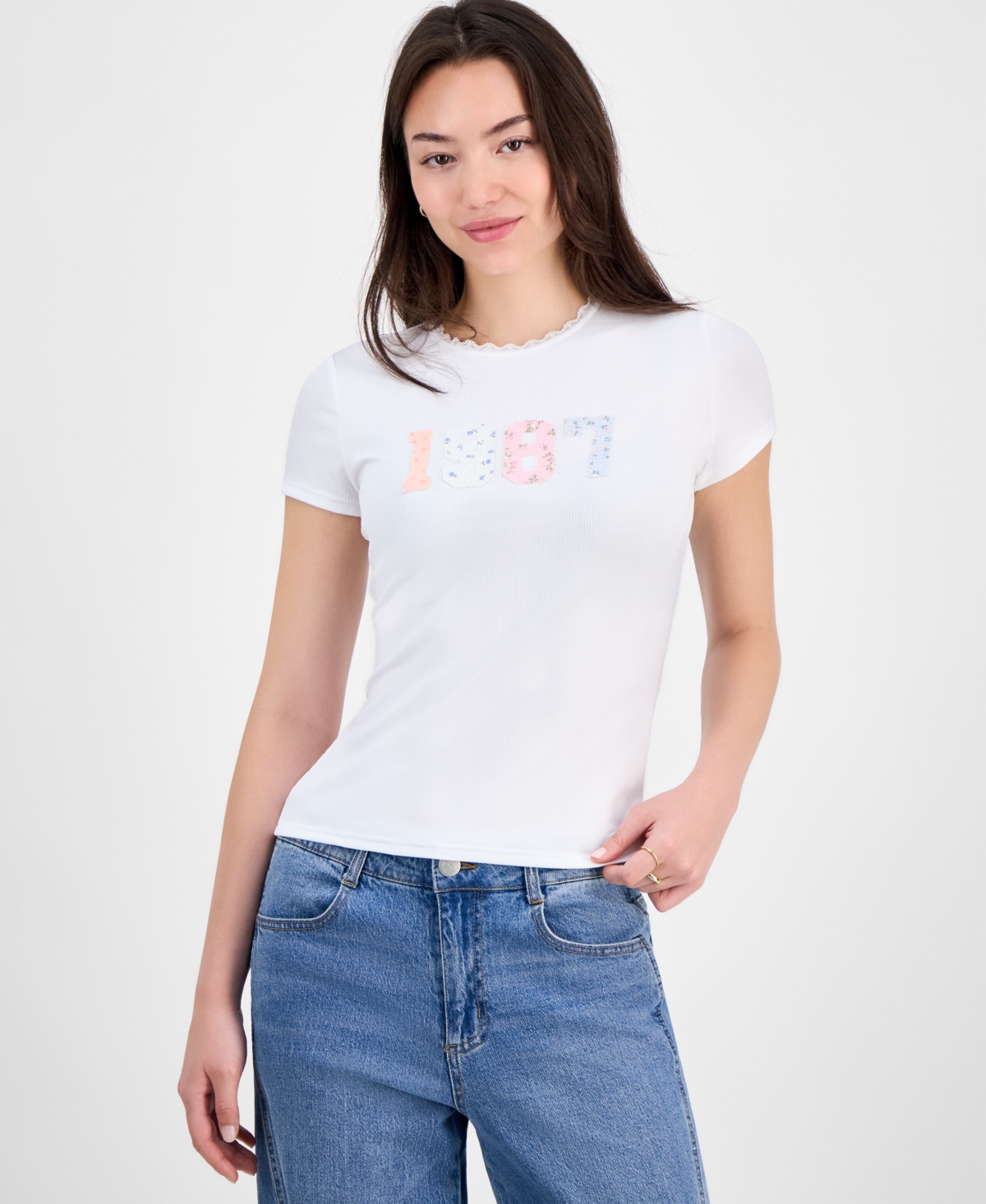 Click here for Just Polly Juniors Applique Picot-Trim T-Shirt - B... prices