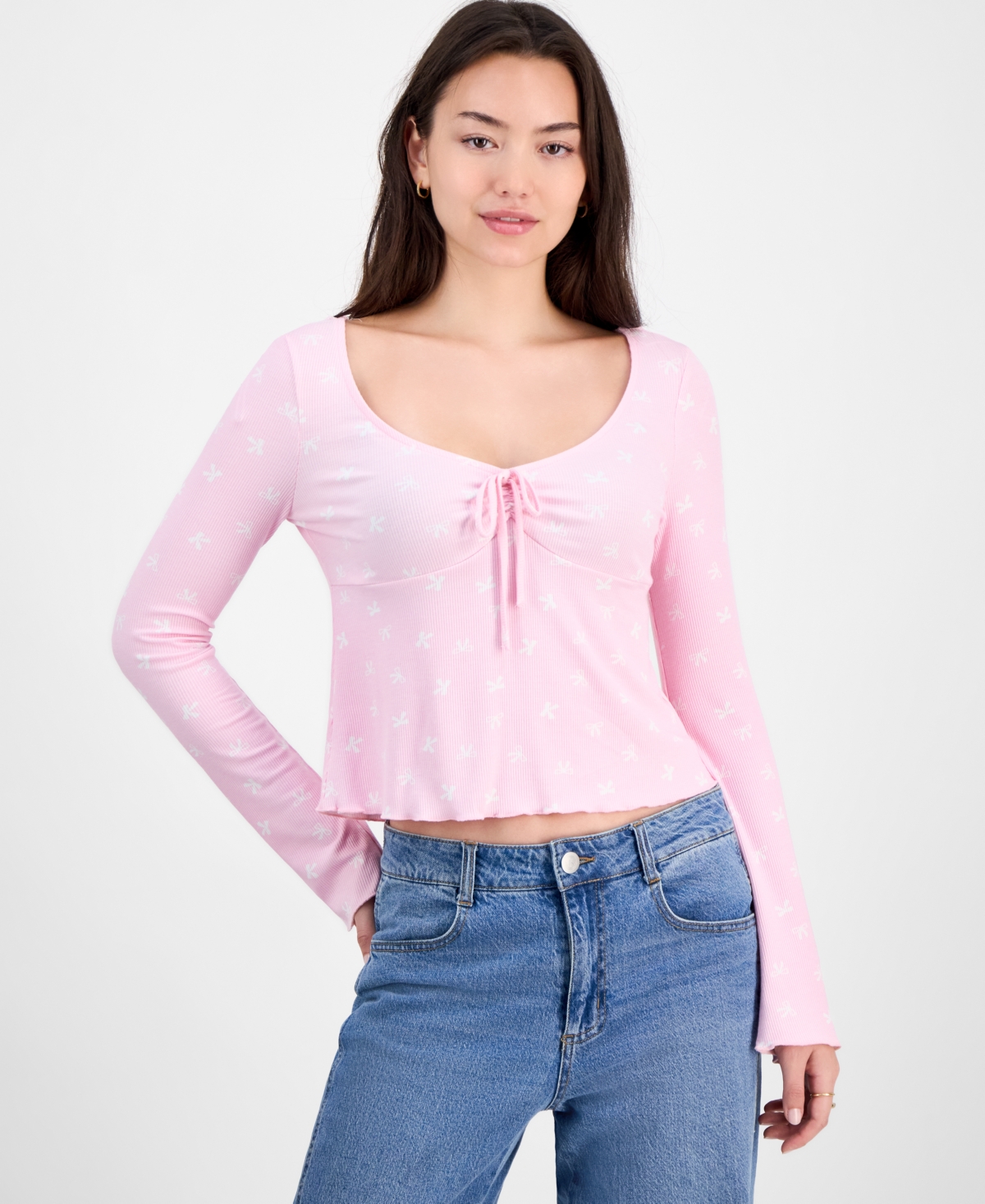 Click here for Self-Esteem Juniors Printed V-Neck Rib Knit Long S... prices