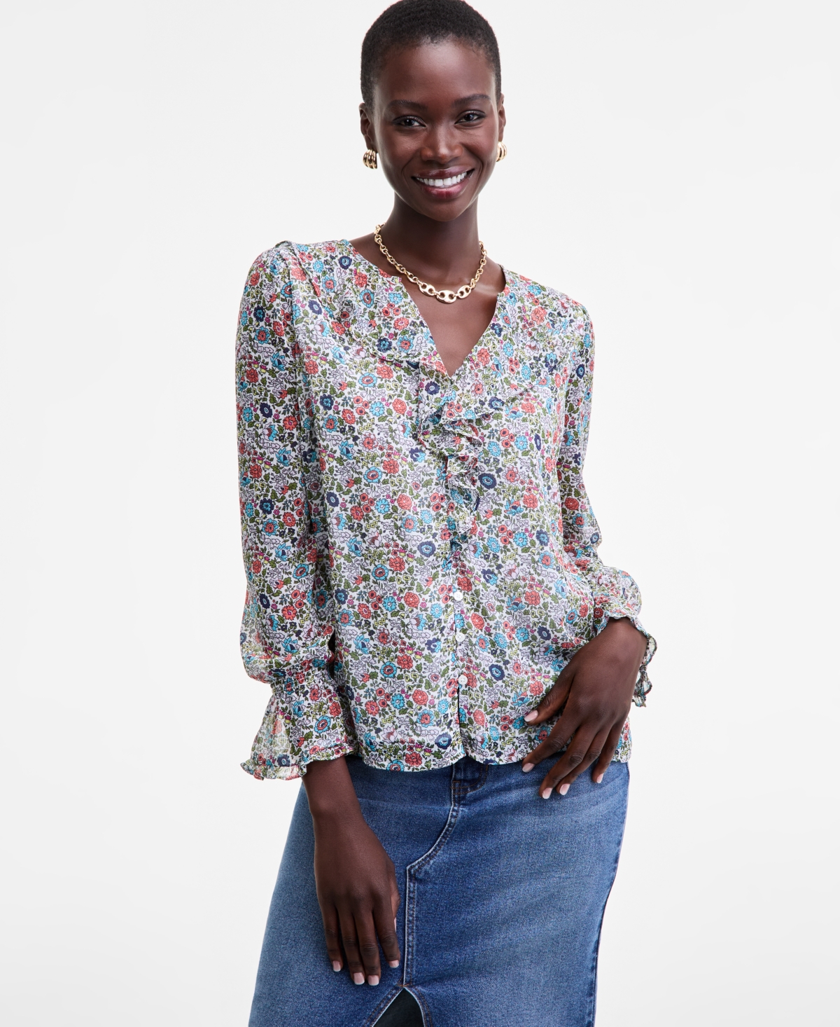 Click here for On 34th Womens Printed Ruffle Chiffon Blouse  Macy... prices