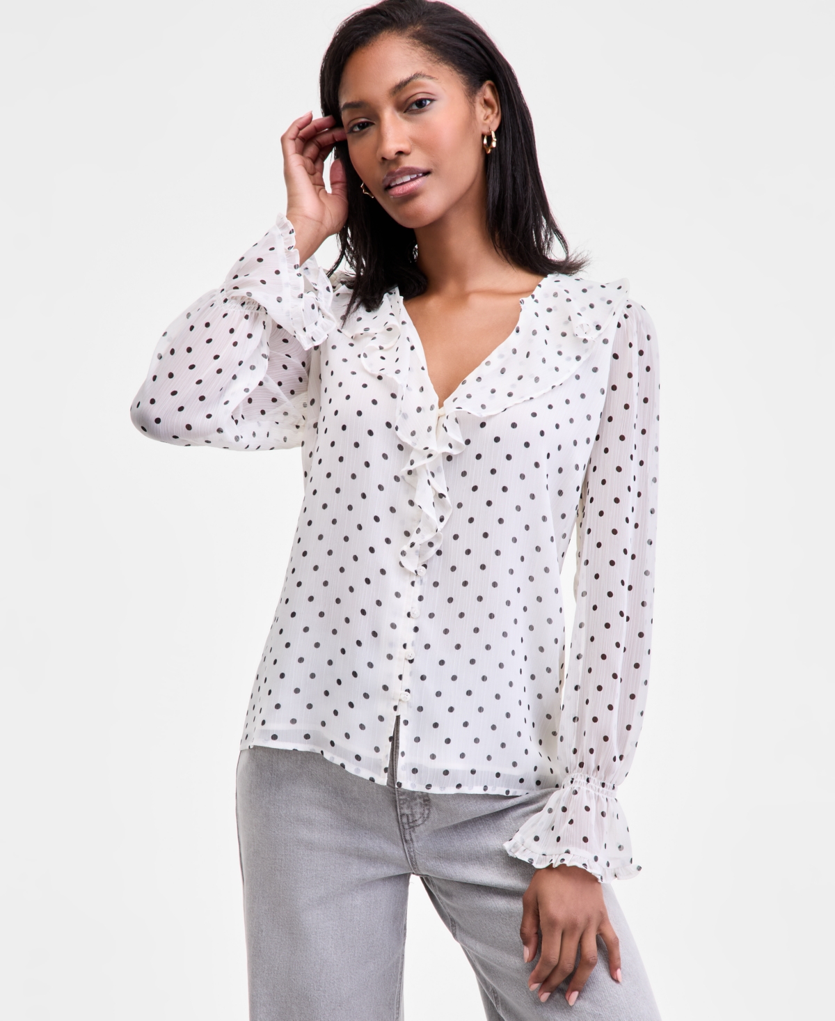 Click here for On 34th Womens Printed Ruffle Chiffon Blouse  Macy... prices