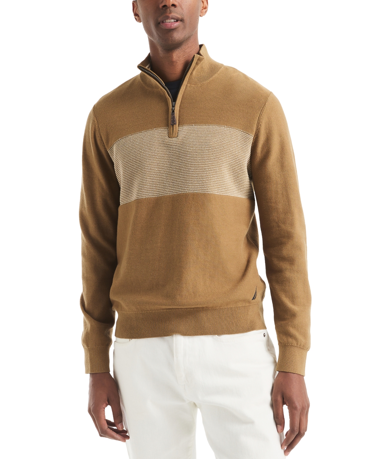 Click here for Nautica Mens Textured Quarter-Zip Colorblocked Swe... prices