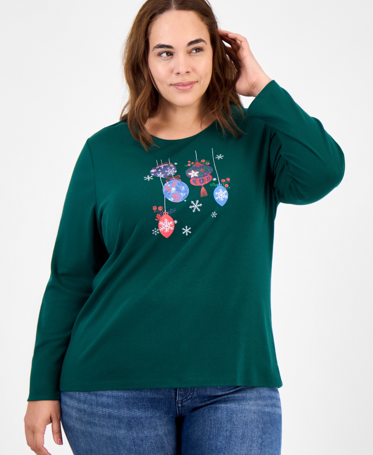 Holiday Lane Plus Size Ornament Print Long-Sleeve T-Shirt  Macys Exclusive - Spruce Night Combo