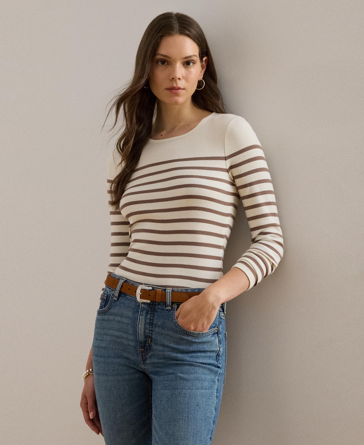 Click here for Lauren Ralph Lauren Womens Striped Cotton Long-Sle... prices