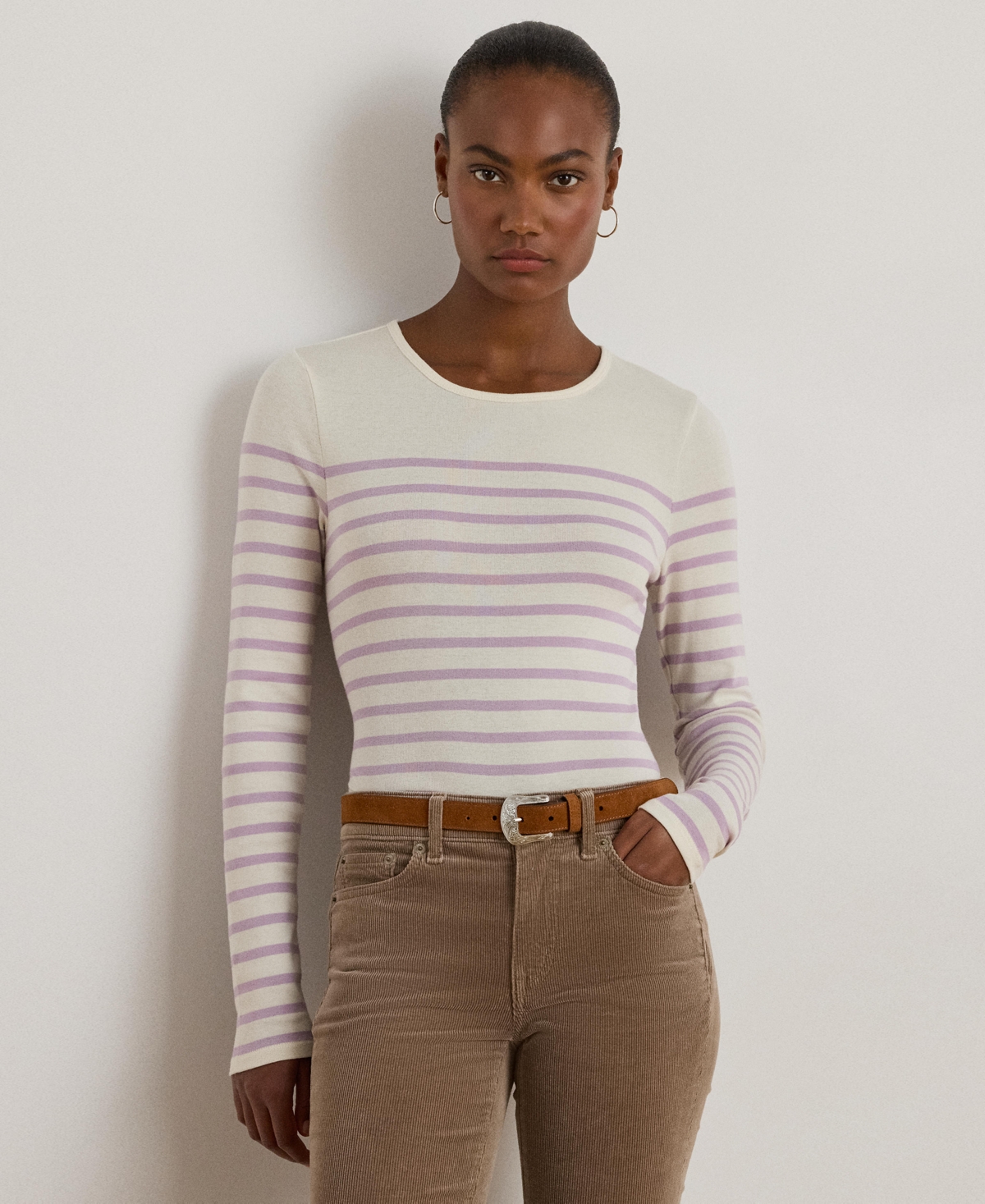 Click here for Lauren Ralph Lauren Womens Striped Cotton Long-Sle... prices