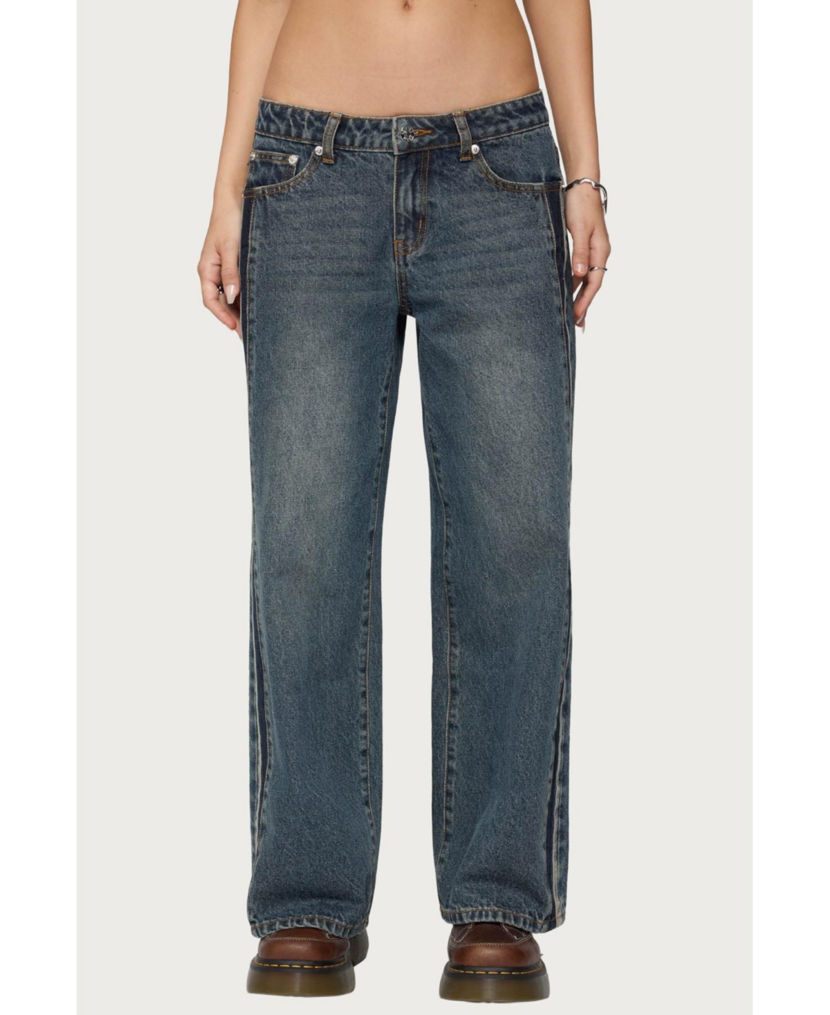 Click here for Edikted Womens Contrast Panel Low Rise Jeans - Dar... prices