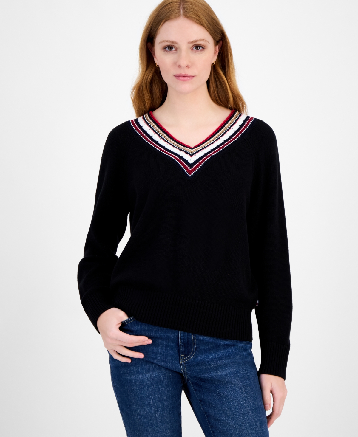 Click here for Tommy Hilfiger Womens Textured V Neck Sweater - Bl... prices
