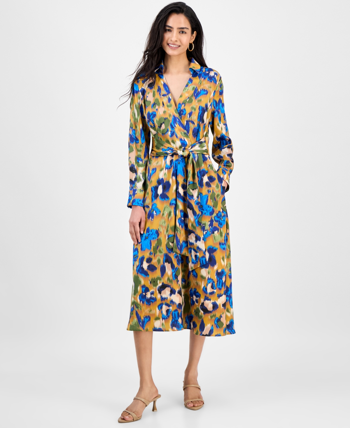 Click here for Tahari Asl Womens Printed V-Neck Tie-Waist Midi Dr... prices