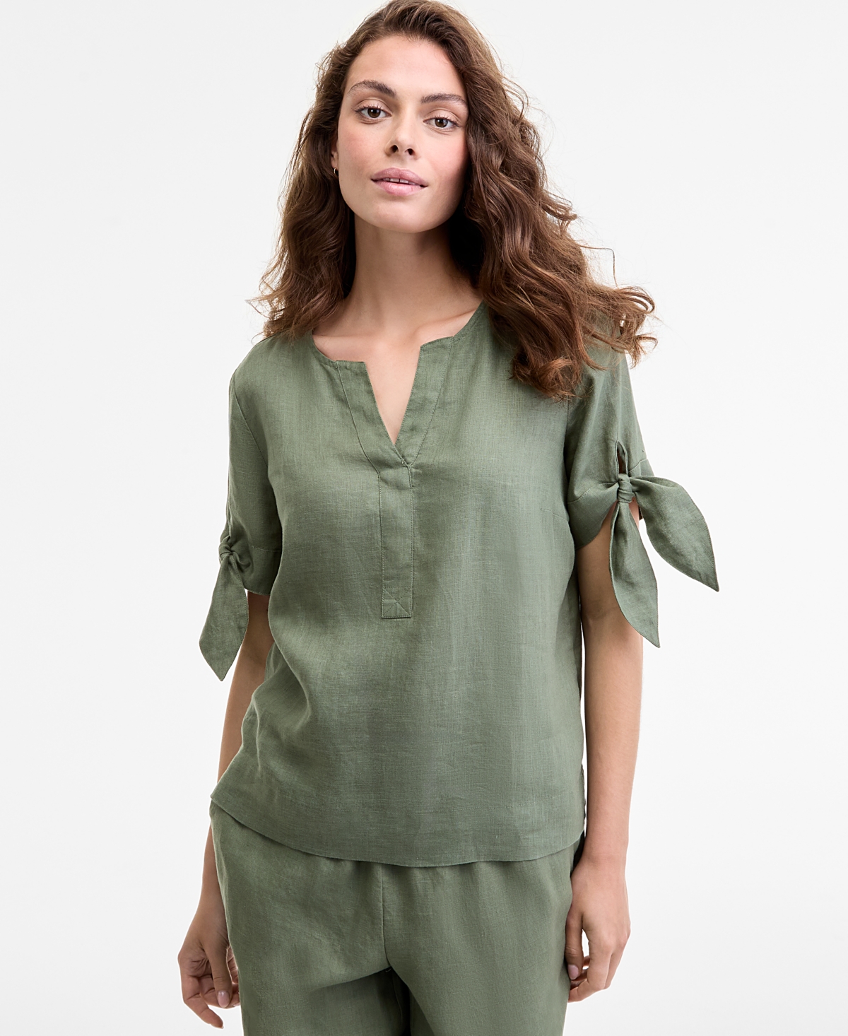 Click here for Charter Club Womens 100 Linen Split-Neck Tie-Cuff... prices