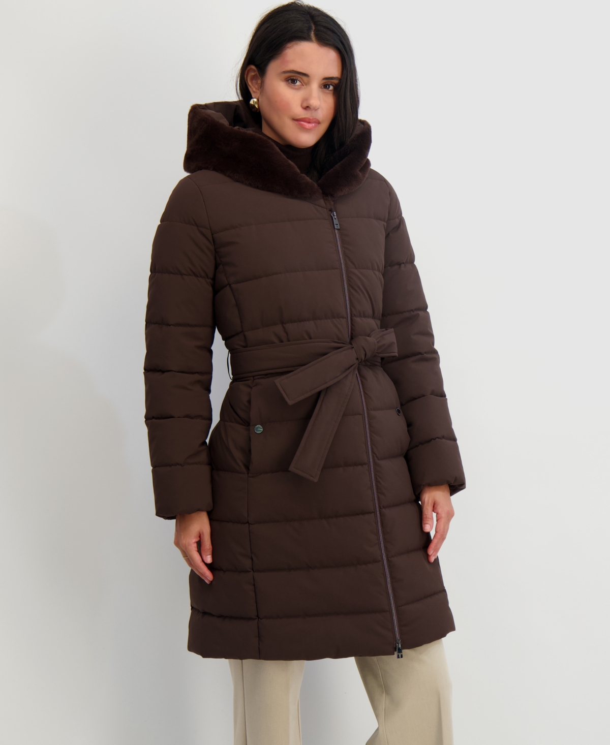 Click here for Tahari Womens Faux-Fur-Trim Hooded Belted Puffer C... prices