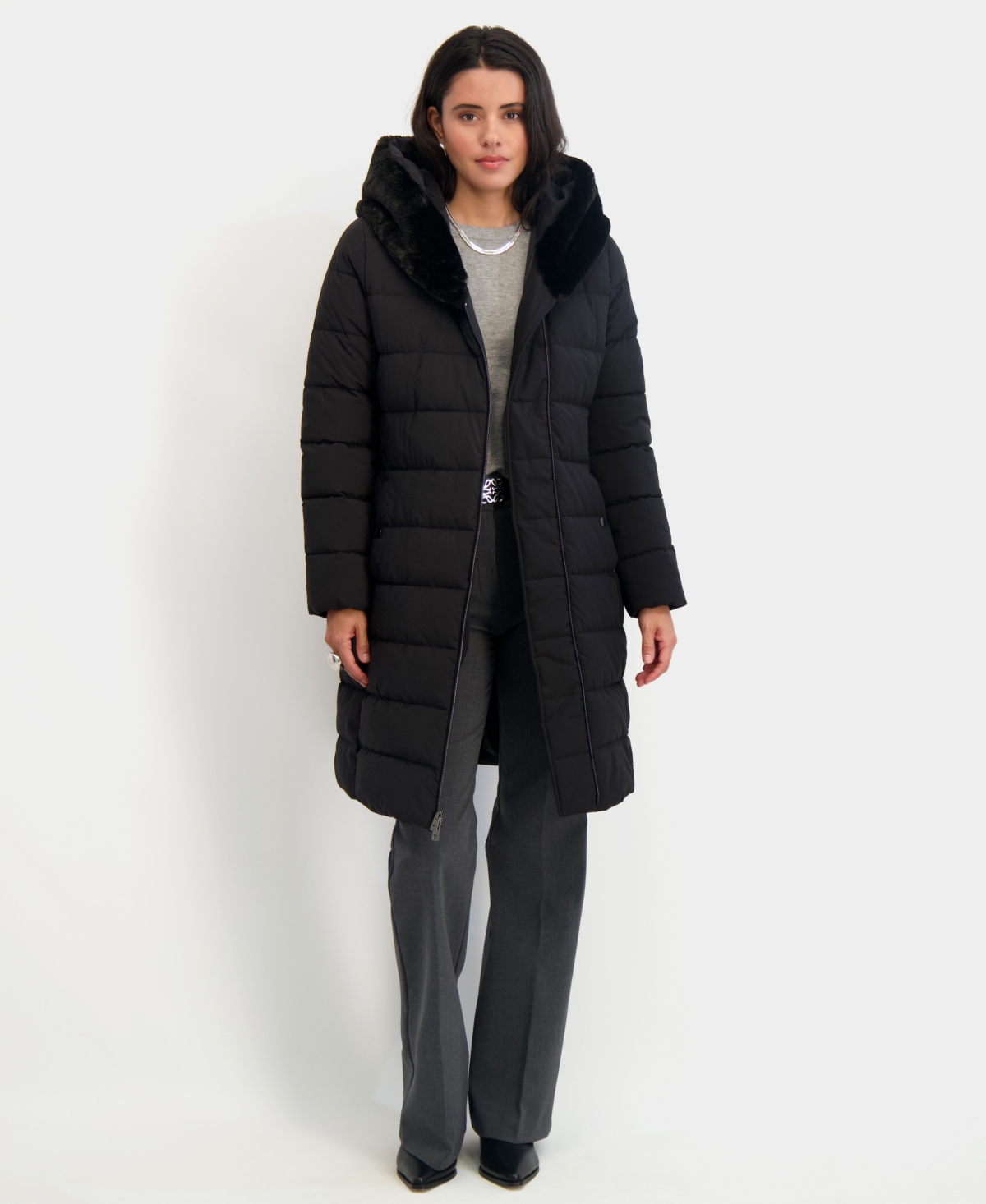 Click here for Tahari Womens Faux-Fur-Trim Hooded Belted Puffer C... prices