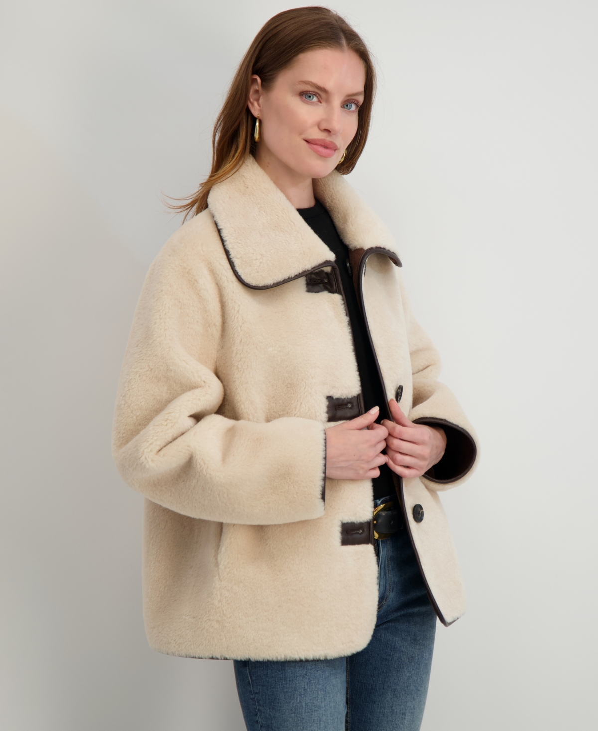 Click here for Tahari Womens Reversible Faux-Shearling Button-Fro... prices