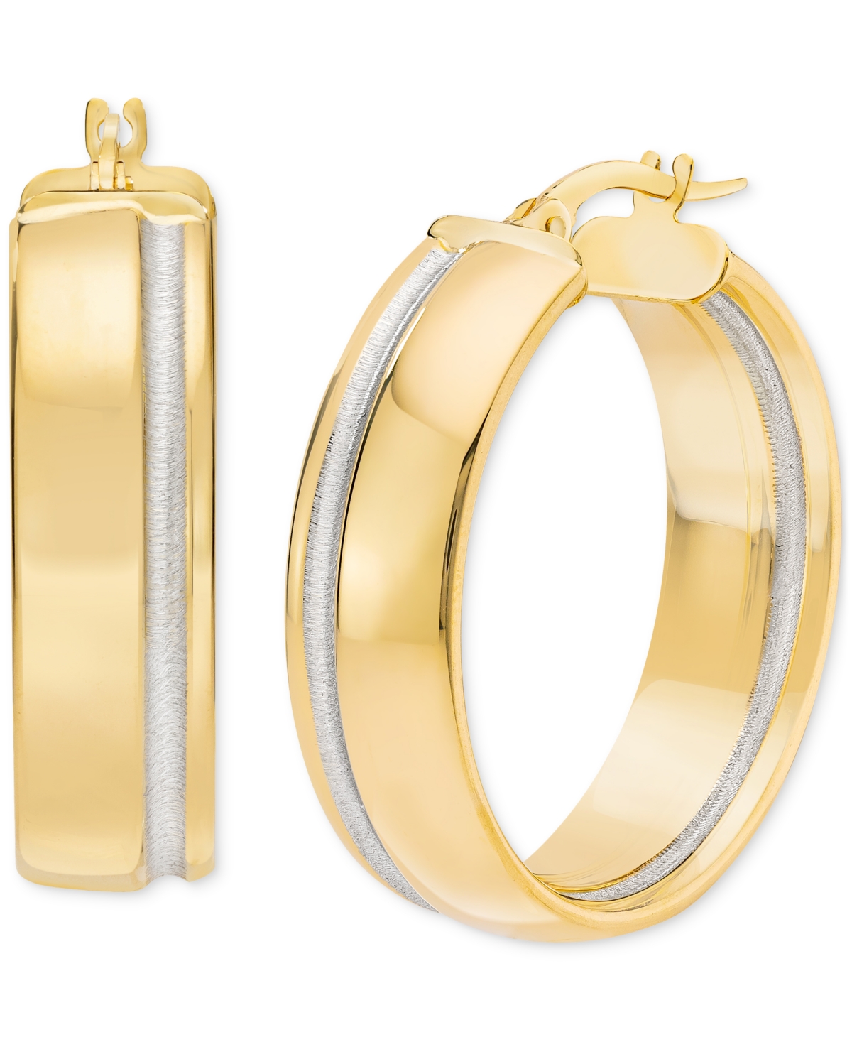 Click here for Polished Striped Small Hoop Earrings in 14k Two-To... prices