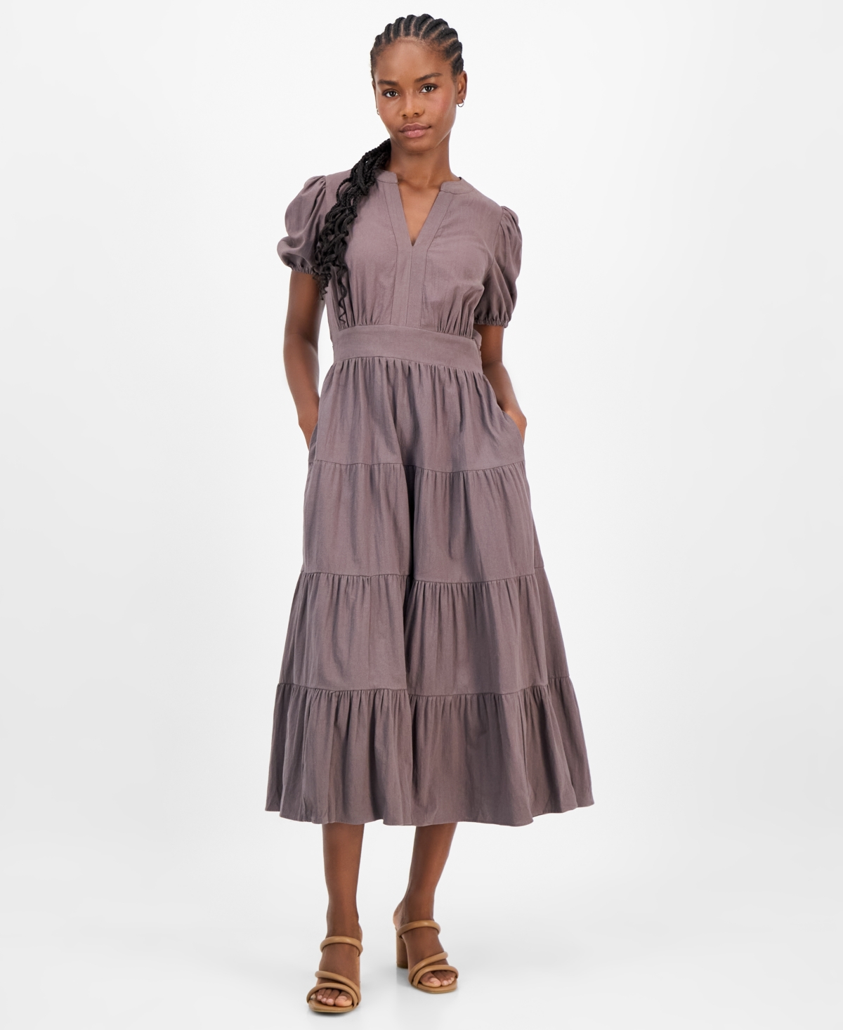 Click here for Robbie Bee Petite Puff-Sleeve Tiered Midi Dress -... prices
