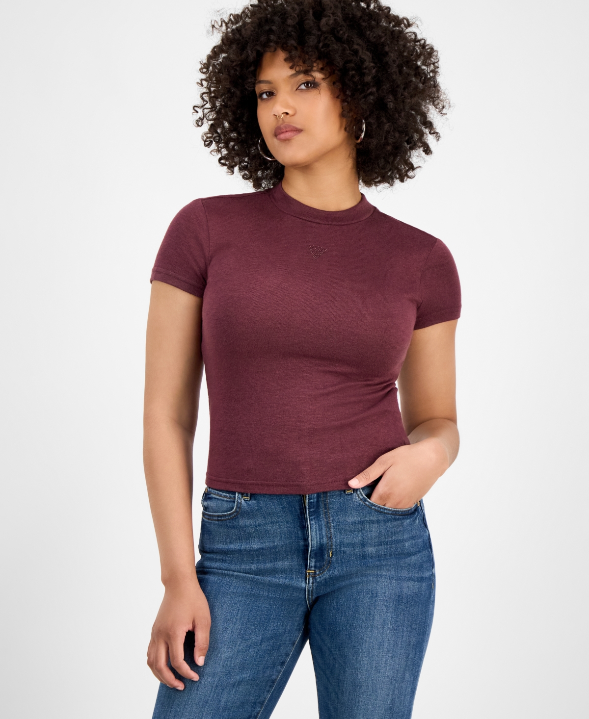 Click here for Guess Womens Licia Short-Sleeve Mock-Neck Top - Pu... prices