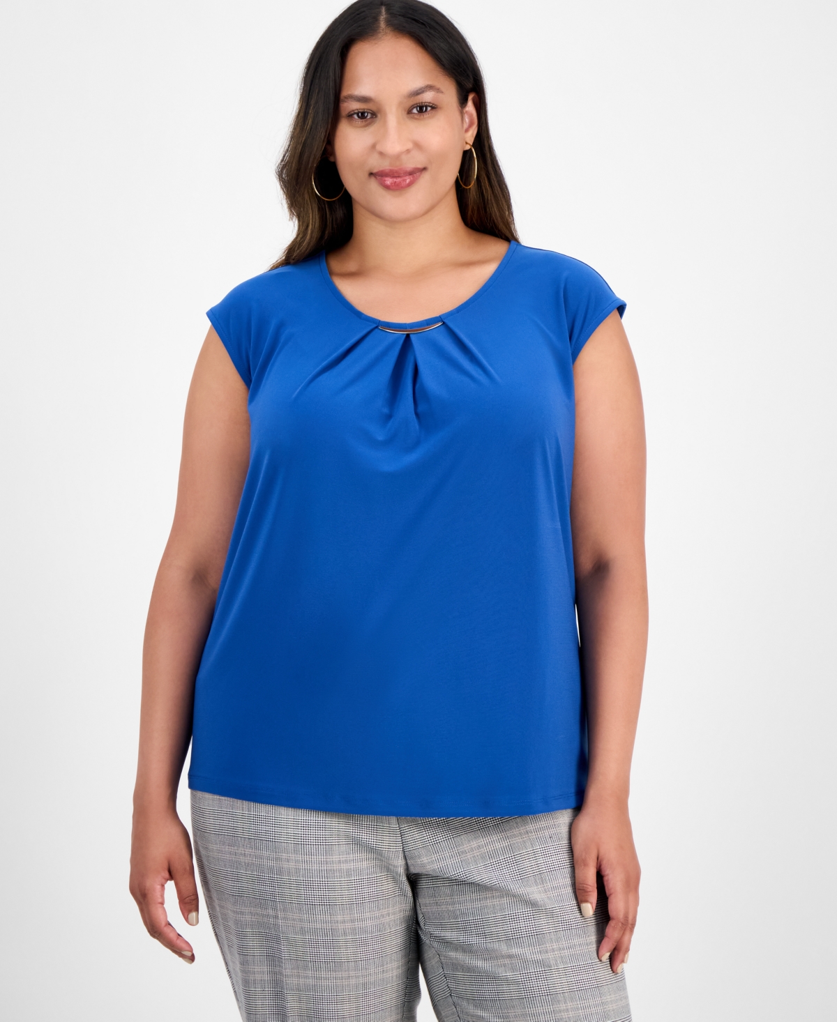 Click here for Kasper Plus Size Pleated-Neck Sleeveless Top - Blu... prices