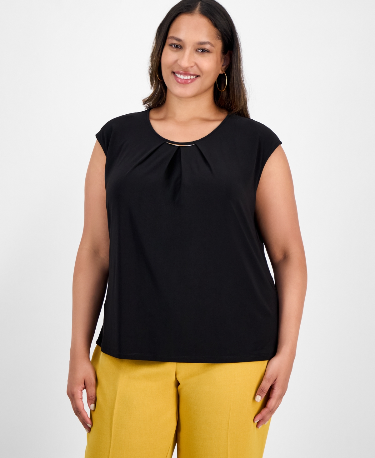 Click here for Kasper Plus Size Pleated-Neck Sleeveless Top - Bla... prices