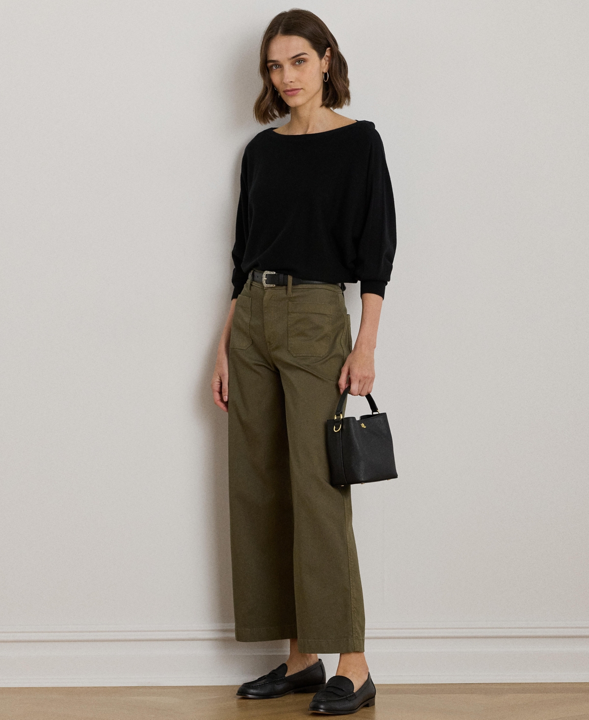 Lauren Ralph Lauren Womens Stretch Chino Wide-Leg Cropped Pants - Botanic Olive