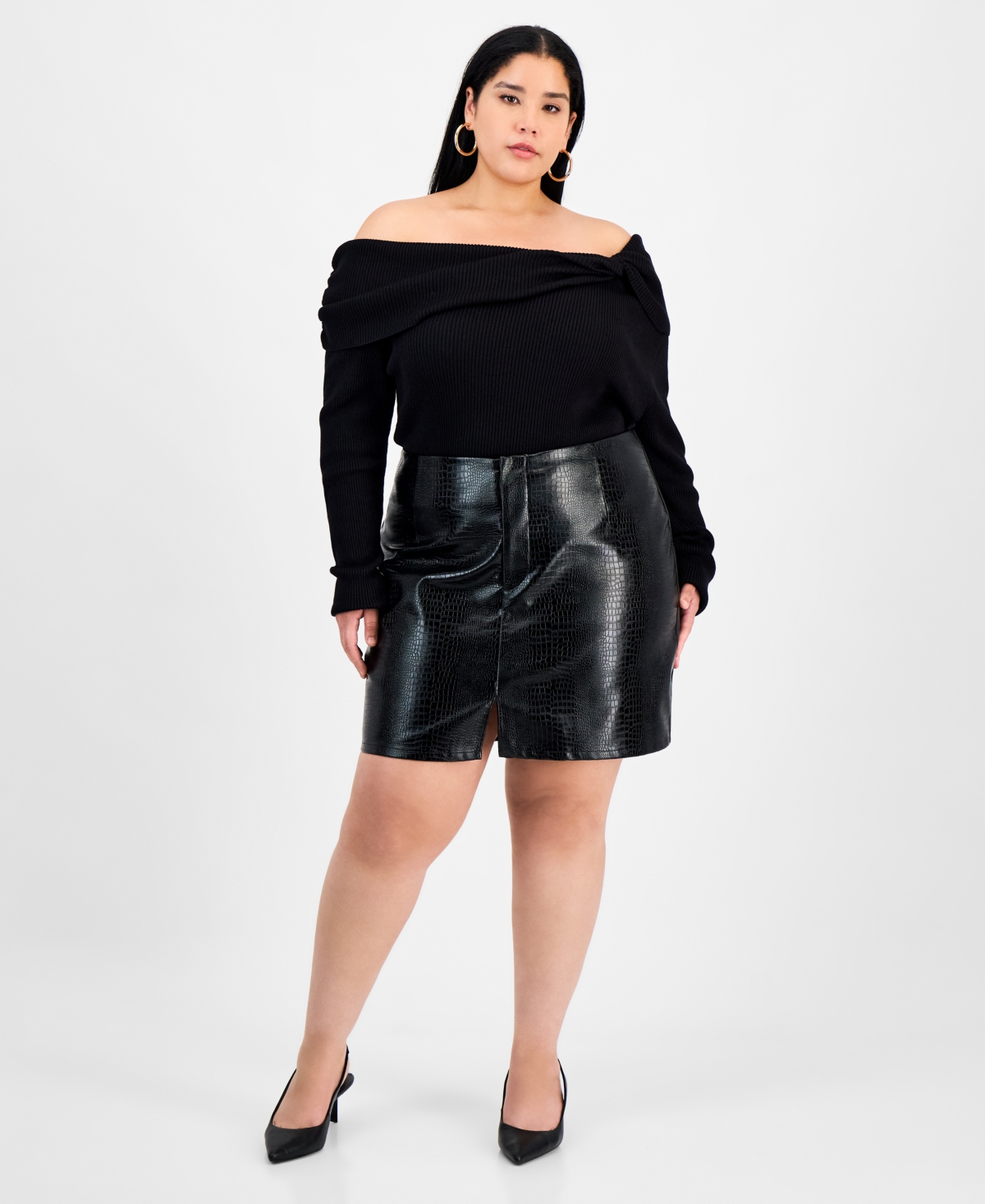 Click here for Bar Iii Trendy Plus Size Crocodile Embossed Faux L... prices