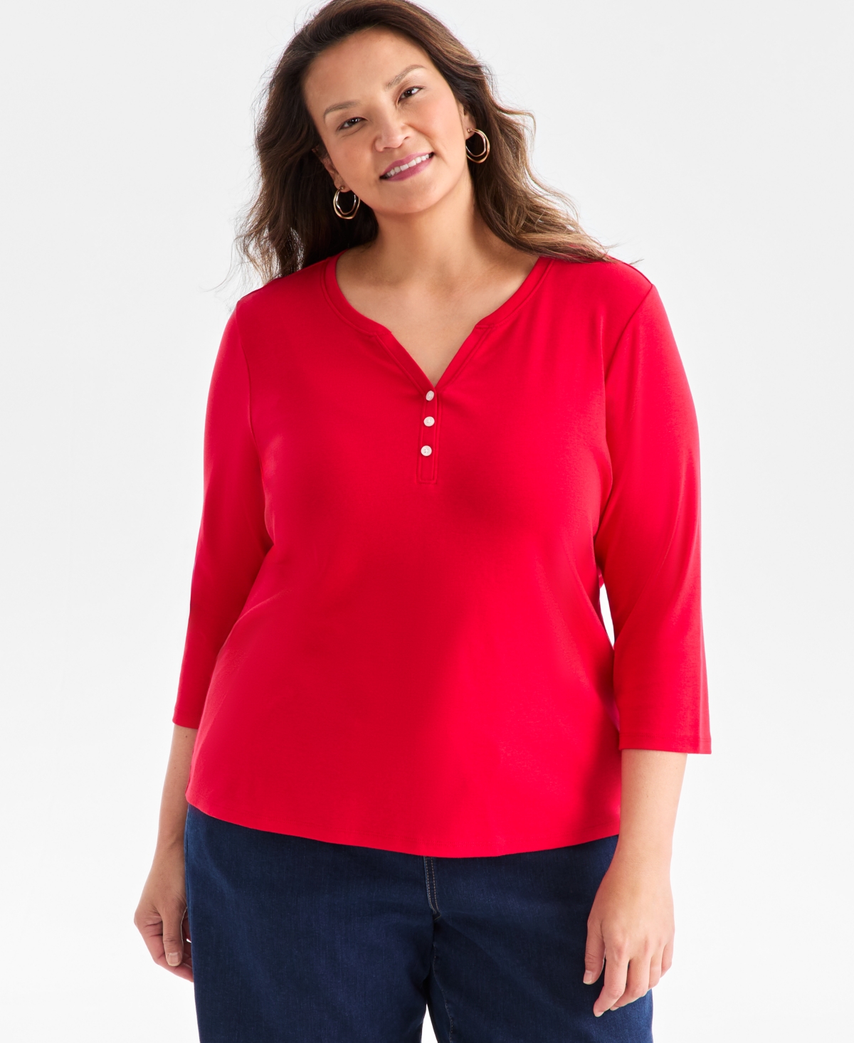 Click here for Style & Co Plus Size 3/4-Sleeve Cotton Henley Top... prices