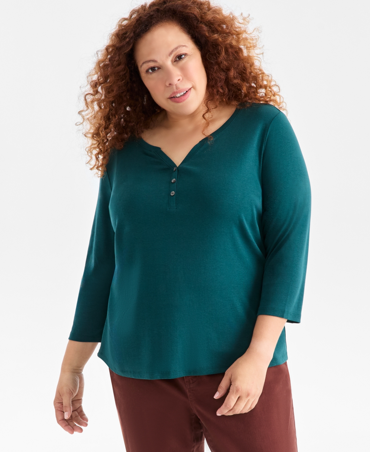 Click here for Style & Co Plus Size 3/4-Sleeve Cotton Henley Top... prices
