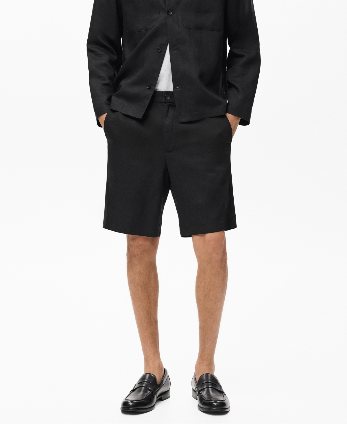 Click here for Mango Mens Elastic Waist Linen 9 Bermuda Shorts -... prices