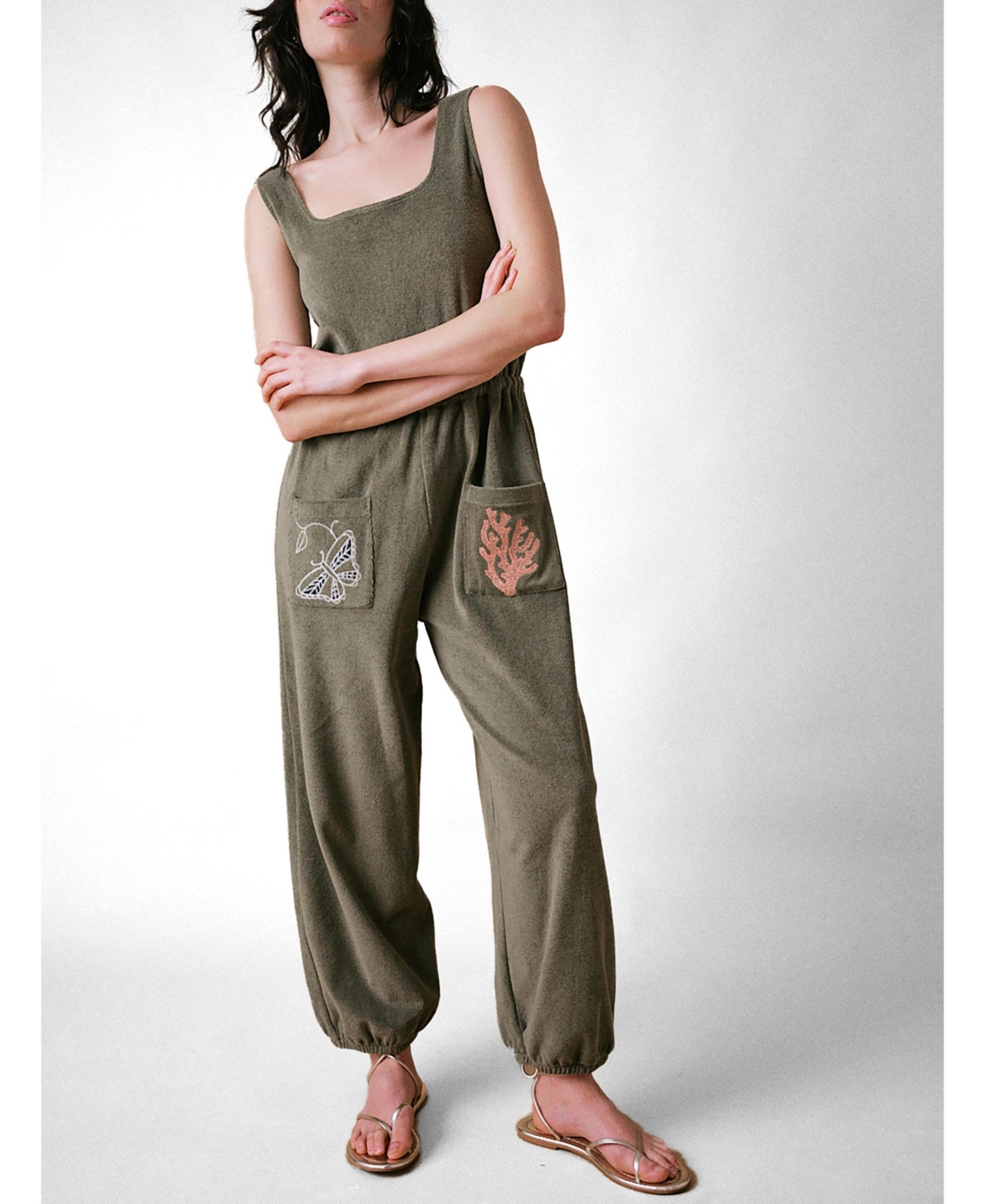 Click here for Cape Cove Womens Sea Coral Terry Jumpsuit - Khaki prices