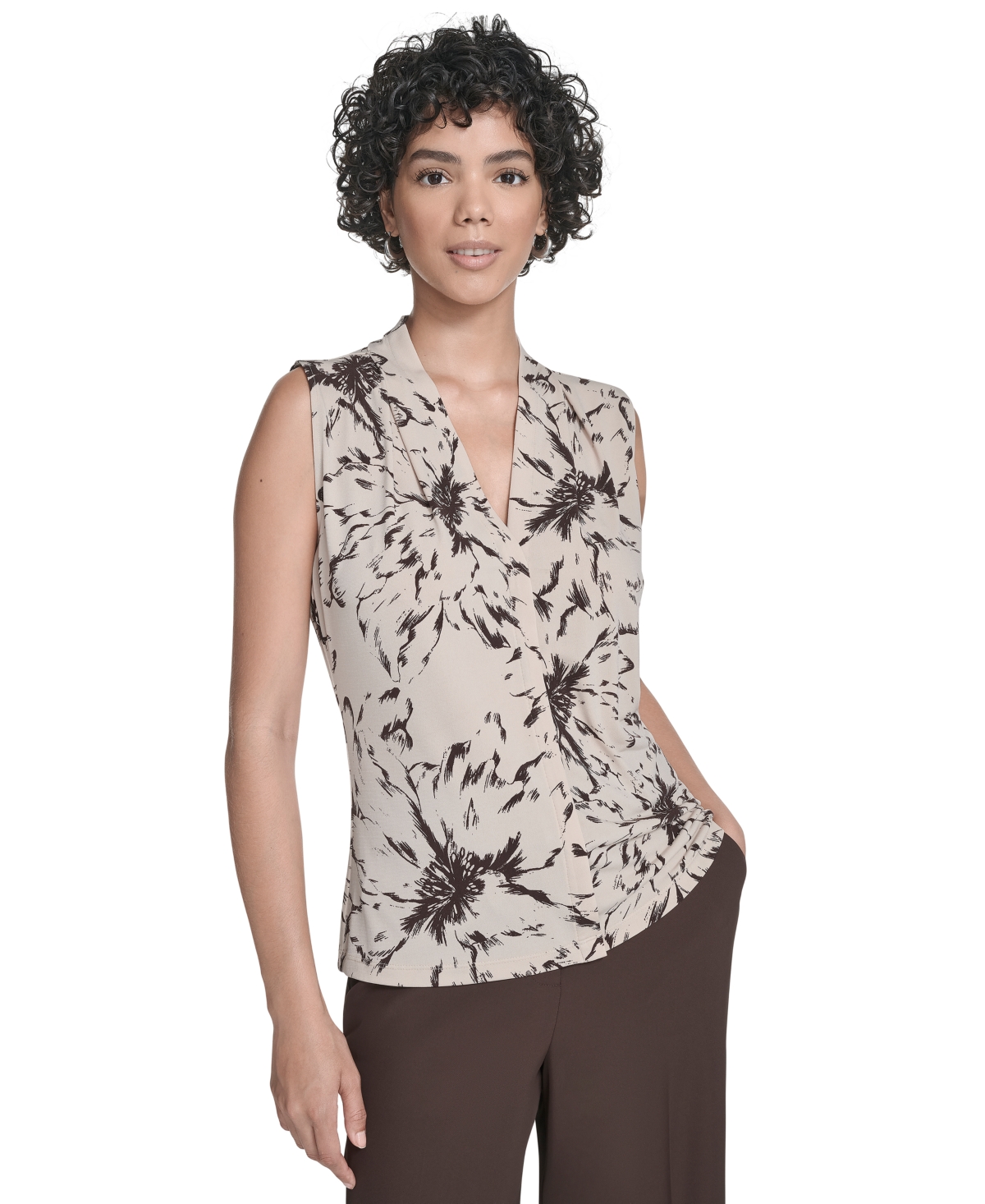Click here for Calvin Klein Womens Printed Sleeveless V-Neck Blou... prices