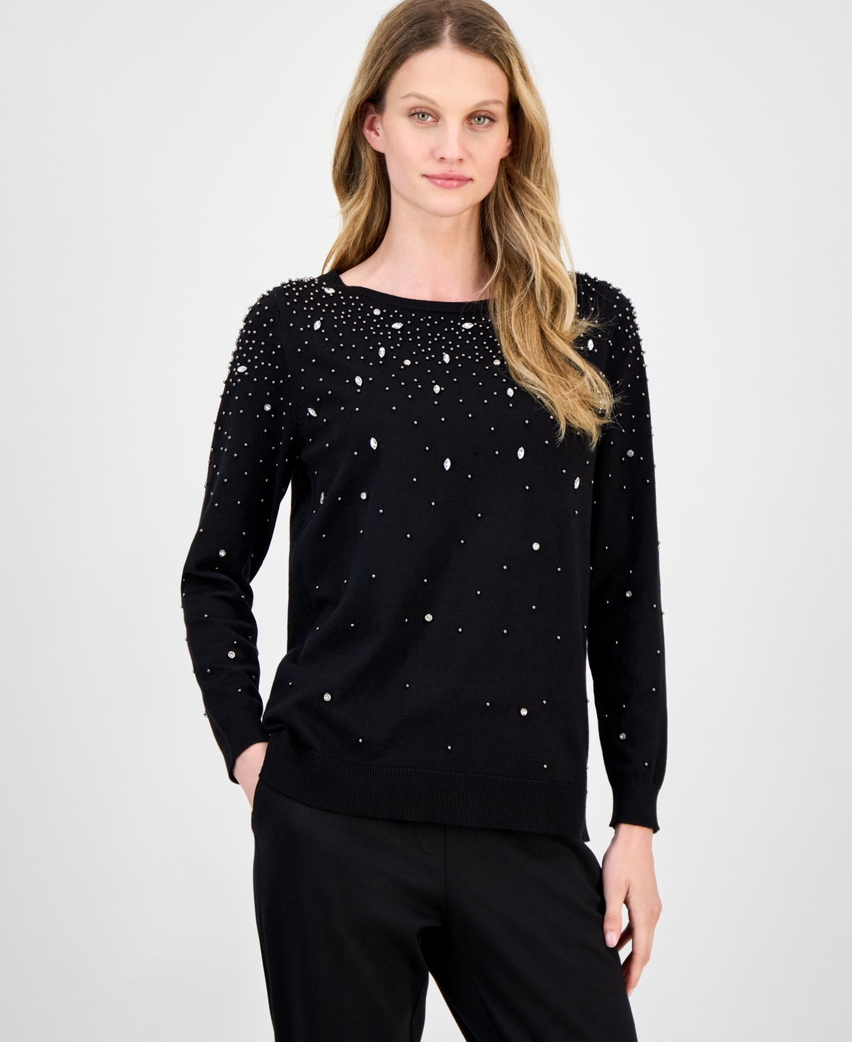 Click here for Anne Klein Plus Size Rhinestone Boat-Neck Long-Sle... prices