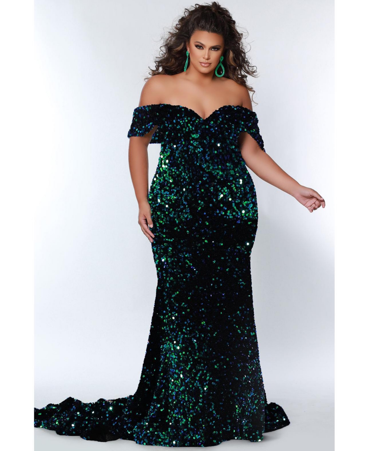 Johnathan Kayne for Sydneys Closet Womens Off the Shoulder Plus Size Sequin Velvet Fitted Formal Gown - Peacock