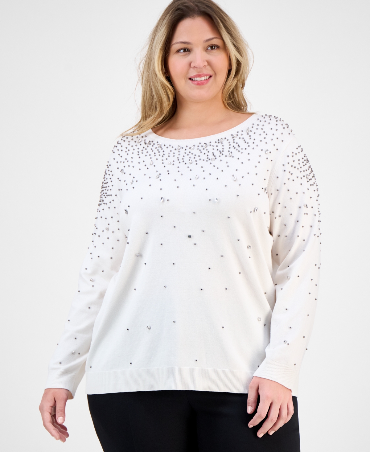 Click here for Anne Klein Plus Size Rhinestone Boat-Neck Long-Sle... prices