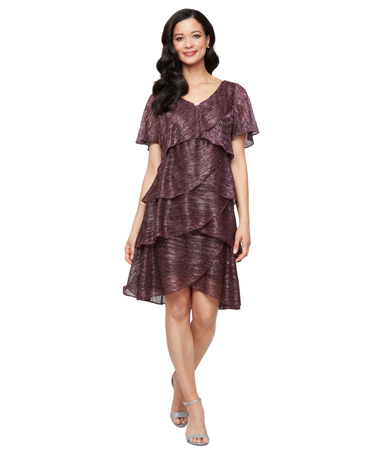 Click here for Sl Fashions Tiered Shimmer Shift Dress - Berry prices