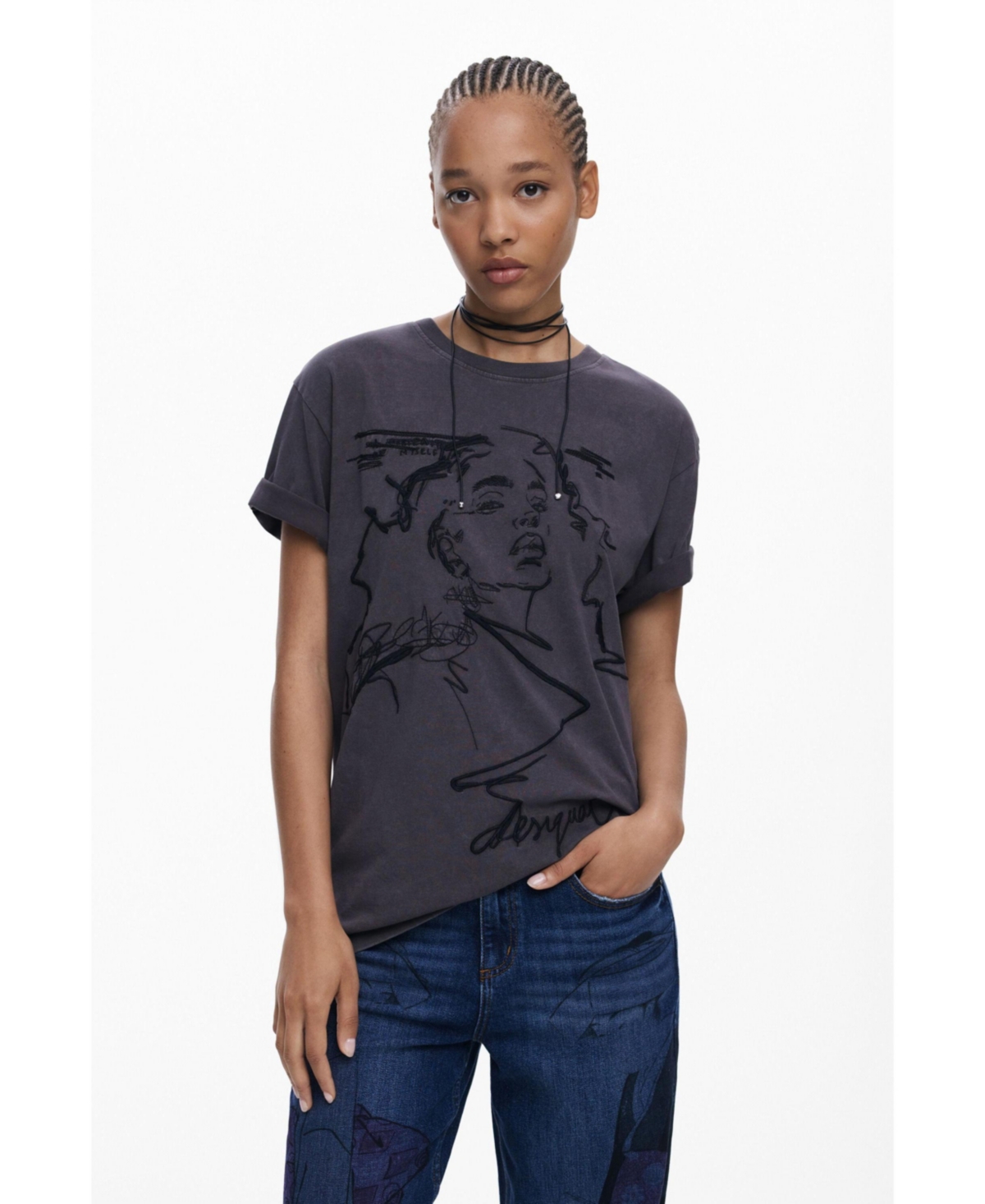 Click here for Desigual Womens Expensive embossed T-shirt - Gray prices