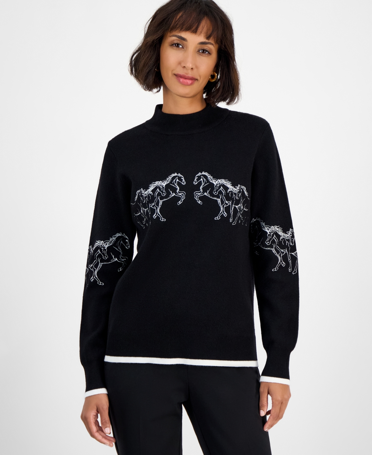 Click here for T Tahari Womens Mock-Neck Embroidered-Horse Sweate... prices