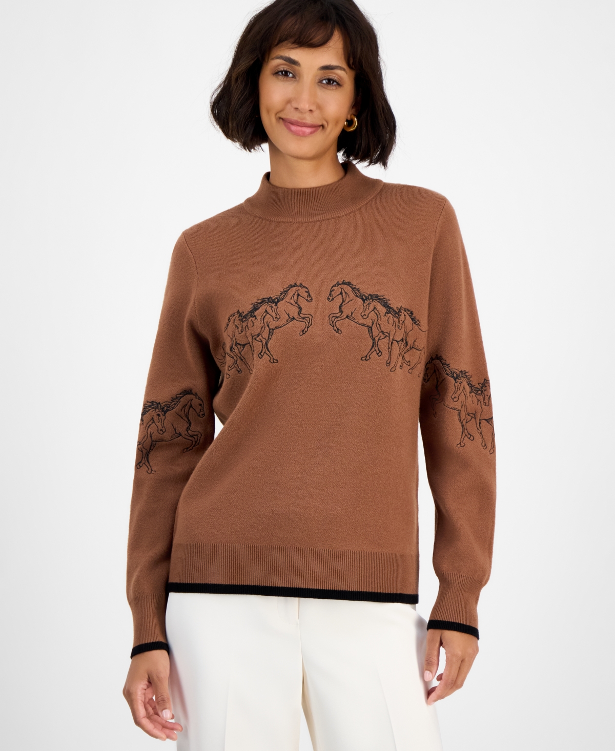 Click here for T Tahari Womens Mock-Neck Embroidered-Horse Sweate... prices