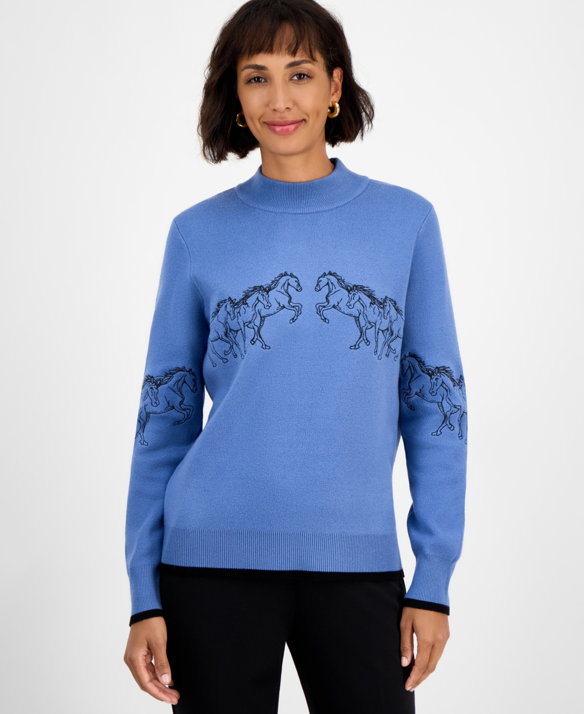 Click here for T Tahari Womens Mock-Neck Embroidered-Horse Sweate... prices
